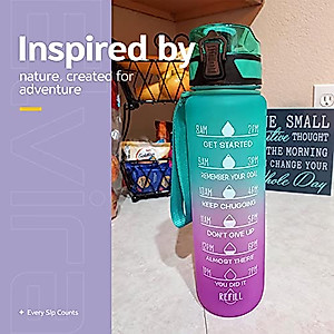 Elvira 32oz Motivational Fitness Sports Water Bottle with Time Marker & Removable Strainer,Fast Flow,Flip Top Leakproof Durable BPA Free Non-Toxic-Green/Purple Gradient
