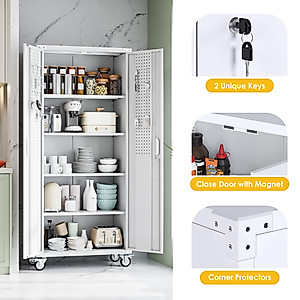 Aobabo 72" H Lockable Storage Cabinet on Wheels with 4 Shelves, Office Furniture Metal Storage Organizer with Wheels for Garage, Assembly Required, White