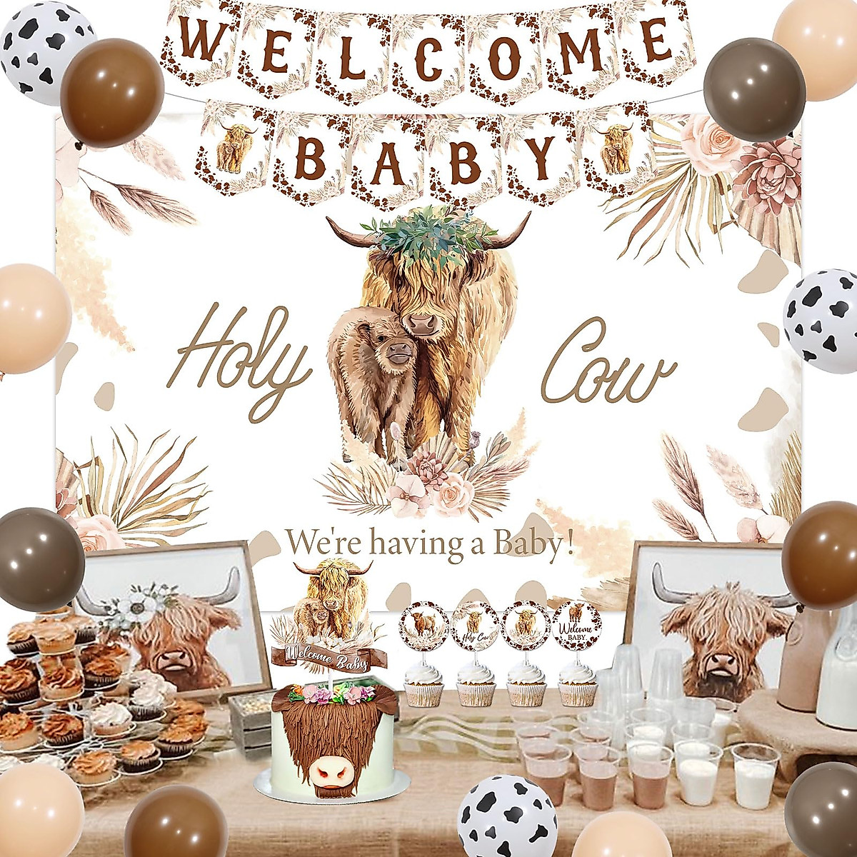 JOYMEMO Brown Highland Cow Baby Shower Decorations for Boy, Holy Cow We are Having a Baby Backdrop Decor with Welcome Baby Print Banner Cake Topper, Farm Highland Cattle Baby Shower Party Supplies