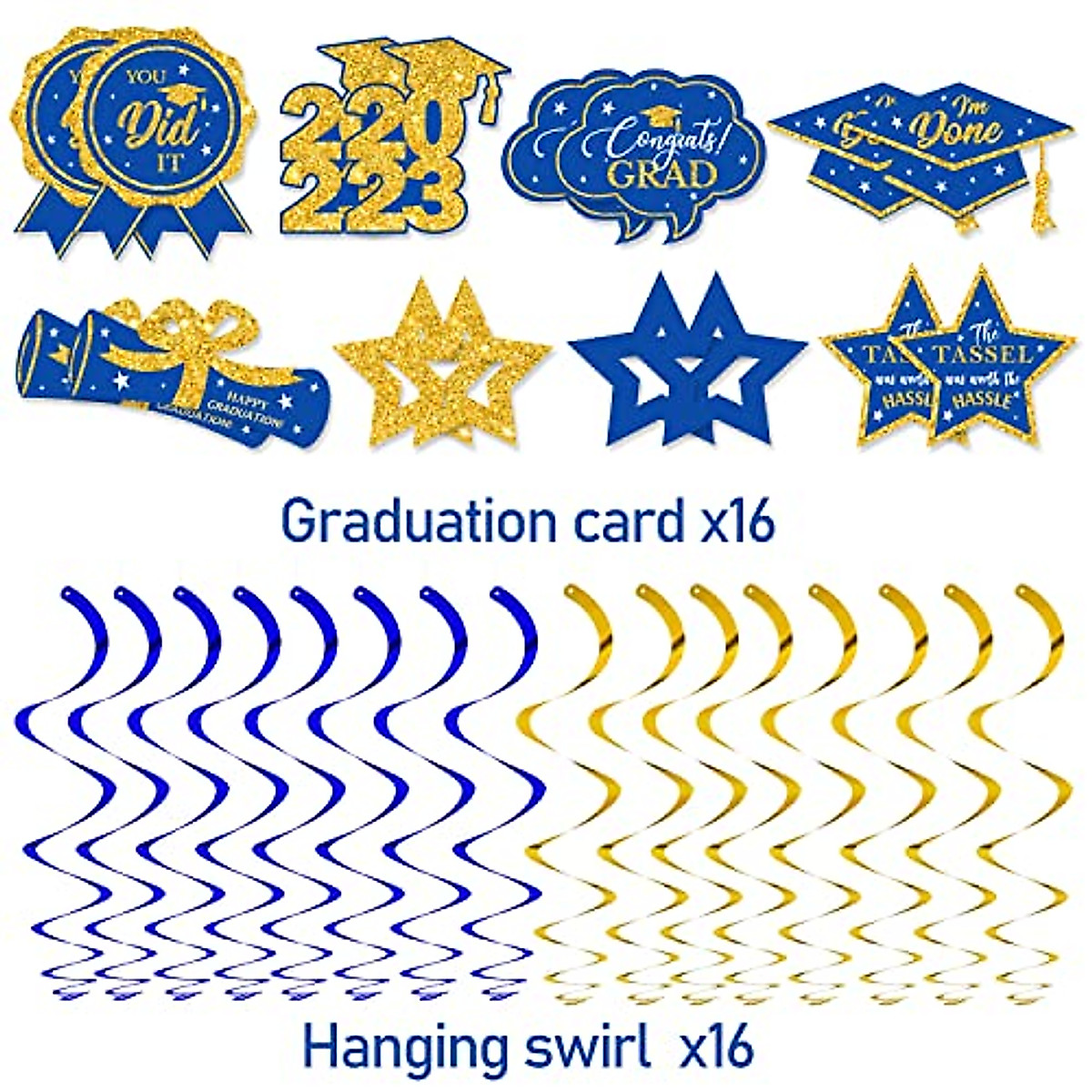 16 PCS Graduation Hanging Swirls Ceiling Decorations Blue Class of 2023 Graduation Party Congrats Grad Hanging Swirl Graduation Party Decoration Kit for Indoor & Outdoor Graduation Party Supplies