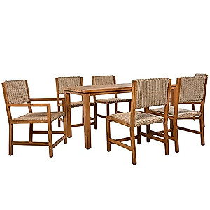 BIADNBZ 7 Pieces Outdoor Furnture Rattan Patio Dining Set with Acacia Wood Table Top and Chairs for 6 Person, for Garden Backyard Lawn, Natural