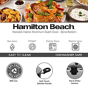 Hamilton Beach Nonstick Covered Stockpot 8-Qt - Black Aluminum Stockpot with Soft Touch Bakelite Handle & Glass Lid - Flared Edge - Spiral Bottom, Multipurpose Use - Durable & Dishwasher Safe