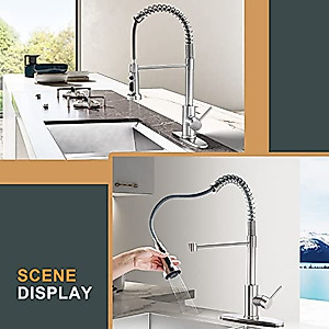 FLOTECH Brushed Nickel Kitchen Faucets with Pull Down Sprayer,Commercial Single Handle Pull Out Stainless Steel Spring Kitchen Sink Faucet with Deck Plate to Cover 1 or 3 holes for Farmhouse Bar Sinks