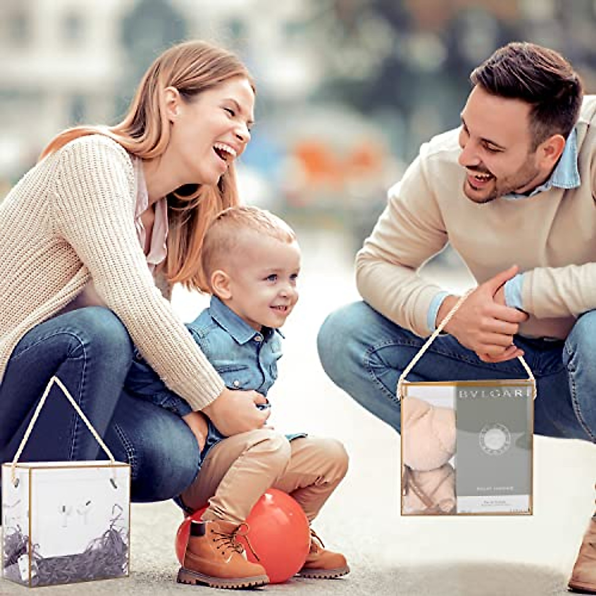 Atenzol Clear Box with Lid Handle (5PCS), 5.5x3x5.5 Candy/Cookie/Favor/Gift Box, Golden Lining, Blank without Writing