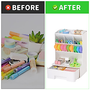 Marbrasse Desk Organizer with Drawer, Pen Organizer for Desk, Multi-Functional Pencil Holder, Desktop Stationary Organizer, Storage for School Home Office Art Supplies (White Pen Holder with Drawer)