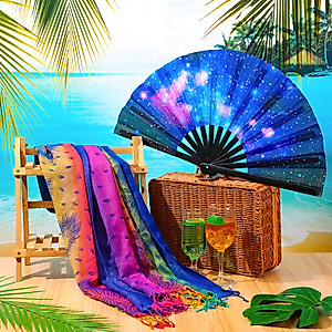 Qunclay 2 Pcs UV Glow Large Rave Hand Fan with Pashmina Scarf for Women Colorful Flowers Jacquard Shawl Performance Hand Fan(Cute)