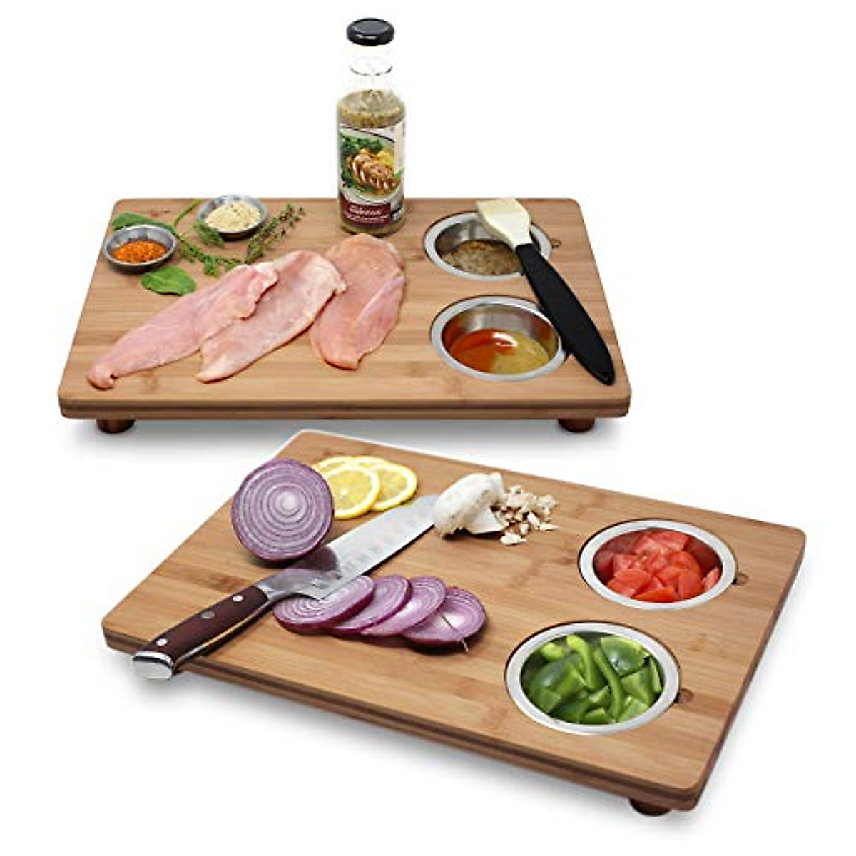 VersaChop Duo, Large 18 inch X 12 inch Cutting Boards for Kitchen. Totally Natural Organic Moso Bamboo Cutting Board with Two Integrated Stainless Steel Bowls attached for organization and storage.