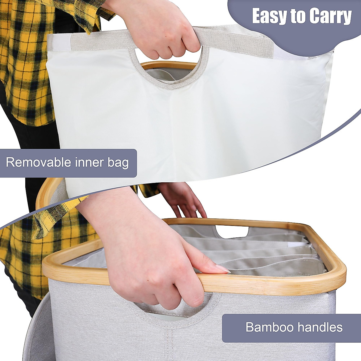 Guofa Hampers for Laundry, 158L Large Laundry Hamper 3 Section Foldable Dirty Clothes Hampers, Laundry Basket Organizer for Bedroom, Laundry Room, Toys Storage, Beige