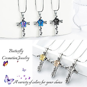 Urn Necklace for Ashes Rose Flower Cross Cremation Jewelry Pendant for Human/Pet Funeral Keepsake Memorial Necklace (Silve-Blue)