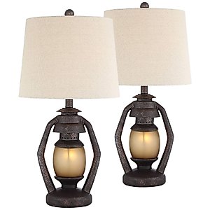 Franklin Iron Works Horace Rustic Farmhouse Table Lamps 25.25" High Full Size Set of 2 with Nightlight Miner Lantern Brown Oatmeal Tapered Drum Shade for Living Room Bedroom House Bedside Nightstand
