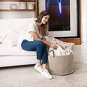 OrganiHaus Brown Large Storage Baskets for Organzing 20x13 | Large Woven Laundry Basket | Blanket Basket for Living Room | Round Basket for Shoes | Cotton Rope Basket for Entryway w/Leather Handles