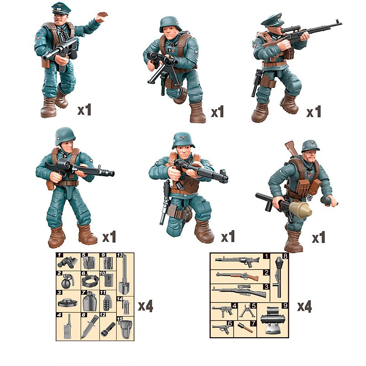 MEIEST 6 PCS Mini WWII Soldier Military Action Figures, Army Model Building Block Toys with Multiple Military Weapons Accessories,Party Favors Set for Kids (German Army)