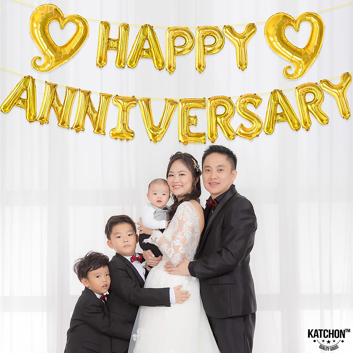 KatchOn, Gold Happy Anniversary Balloons Letters - 18 Inch, Gold Hook Heart Balloons Foil | Gold Happy Anniversary Banner for Happy Anniversary Decorations | Gold Happy Anniversary Balloon Banner