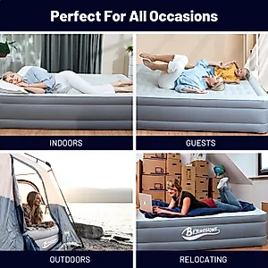 Beyondhome Queen 15inch Grey PVC-Free Air Mattress with Built-in Pump, Odorless, Adjustable Air Content, Strong Support, Durable, Anti-slip, Fast Packing, Lightweight
