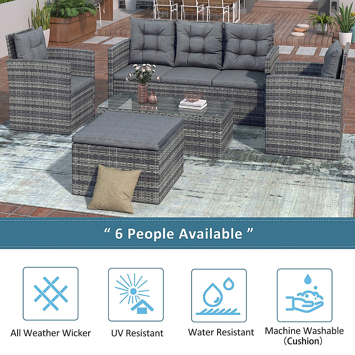 BIADNBZ 5-Piece Patio Furniture Set with Armchairs, Storage Bench and Glass Table, All Weather PE Wicker Outdoor Coversation Sofa Couch for Garden Backyard Lawn, Gray