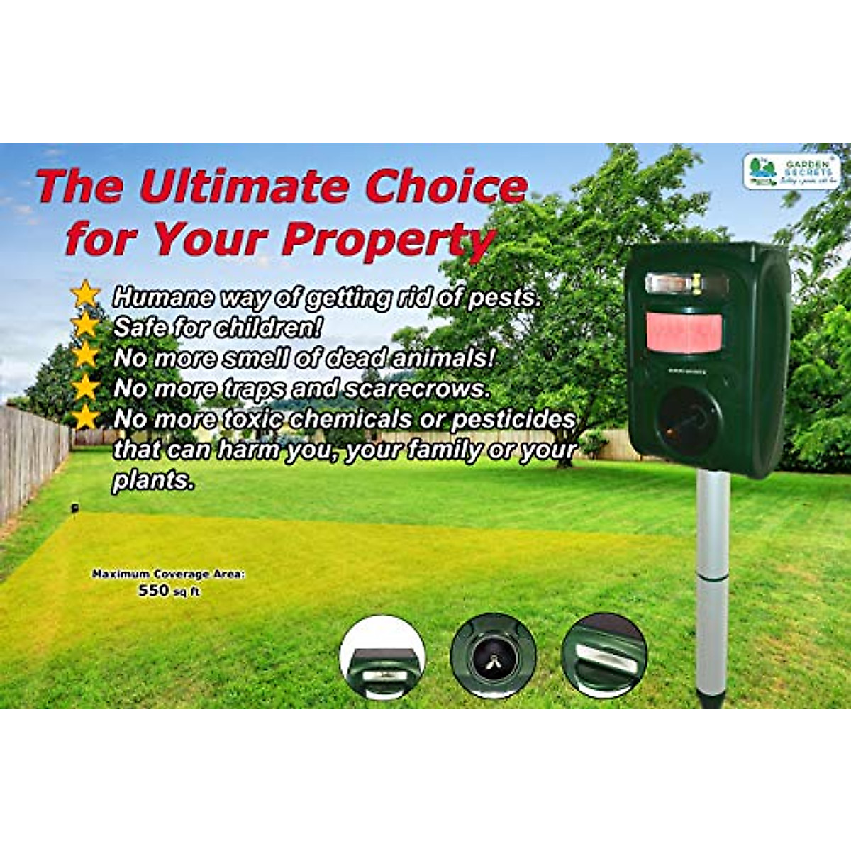 GARDEN SECRETS (2023 Version) Compact Solar Ultrasonic Animal Repellent. Skunk Raccoon Deer Coyote Cat Rat Mice etc Deterrent. Keep Pests Away from Your Property Within 2-4 Weeks. (Green, 3 Pack)