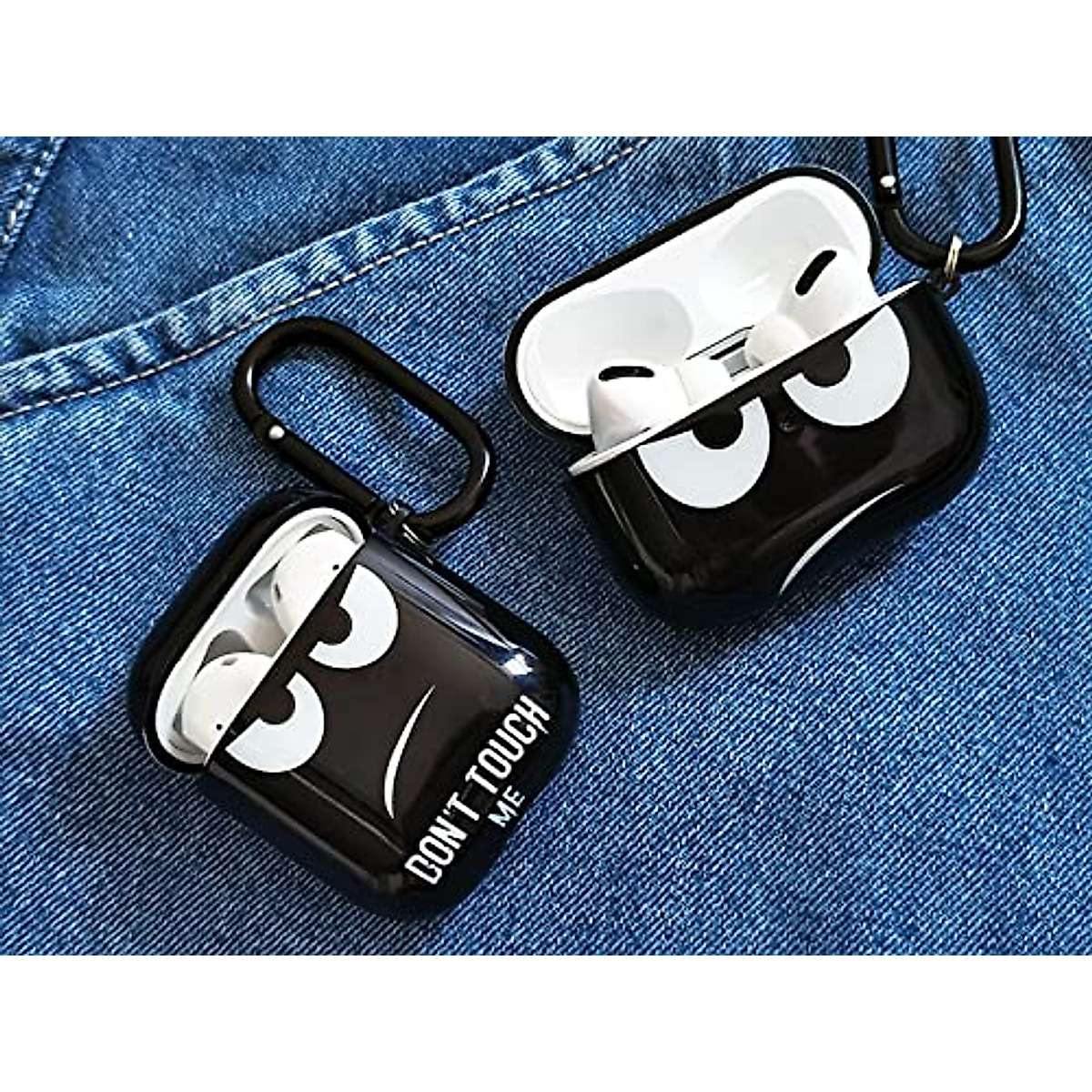 EZICOK Compatible with AirPods Case Don't Touch Me Cool Black Cover with Keychain Big Eyes Cute Cartoon Shockproof Airpod Case Gift for Men Boys, Smooth Soft Protective Skin for Apple Airpods 2 1