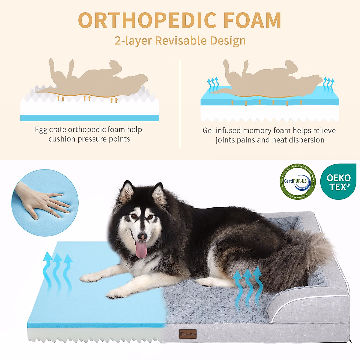 Casa Paw Orthopedic Dog Beds for Large Dogs, Waterproof Memory Foam Large Sized Dog Bed with Sides, Non-Slip Bottom and Egg-Crate Foam Big Dog Bed with Removable Washable Cover(Large,Light Grey)