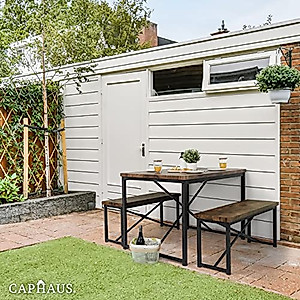 CAPHAUS 3 Pieces Dining Table Set for 4 w/Benches, Rectangular Dining Room Set, Modern Wood Bench Dining Room Table Set, Metal Frame Space-Saving Dining Set, Dining Table w/Two Benches, Brown Oak