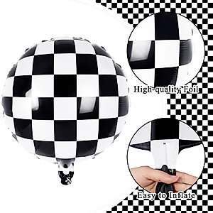 Checkered Balloons, 12 Pcs Checkered Racing Foil Balloons, 18 Inch Black and White Checkerboard Mylar Balloons for Race Car Birthday Party Supplies Decoration