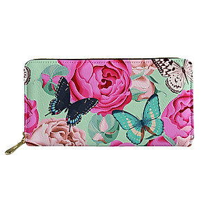 Coloranimal Pink Flower Butterfly Leather Long Wallet Gift for Travel Trip
