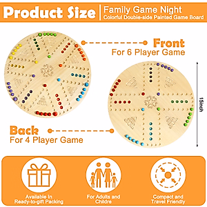 Marble Board Game Wooden Wahoo Board Game Double Side Painted Board Game with 6 Colors 36 Marbles 6 Dice for Adults Family Night Game, 6 and 4 Player (Round)