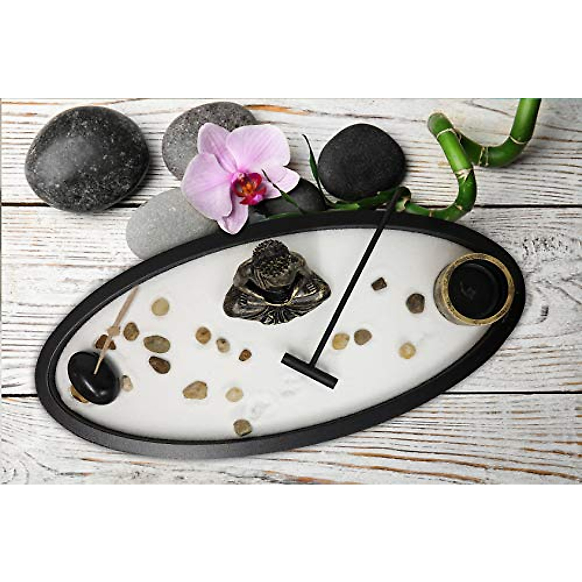 Japanese Zen Garden Kit Home Decor - Buddha Incense Stick Holder Office Desk Accessories - Zen Garden Sand Corner Desk Office Decor - Buddha Statue Table Top - 13.5" x 6.25" x 5"