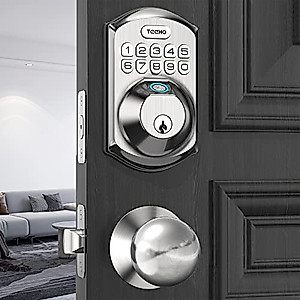 Fingerprint Door Lock Set - TEEHO Keyless Entry Door Lock with Handle - Door Knob with Keypad Deadbolt - Smart Locks for Front Door - Auto Lock - No Need App - Easy Installation - Satin Nickel