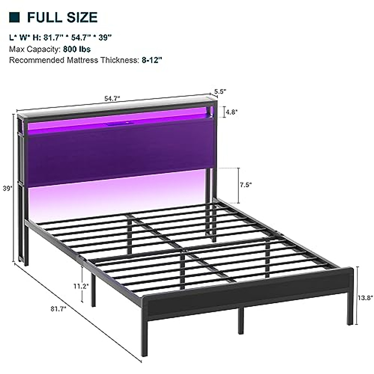 Homieasy Full Size Bed Frame with Charging Station and Led Lights, Industrial Metal Platform Bed with Storage Headboard, Steel Slat Support, No Box Spring Needed, Noise-Free, Easy Assembly, Black