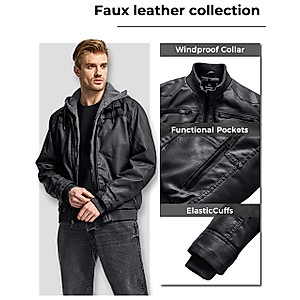 wantdo Men's Faux Leather Jacket Hooded Motorcycle Coat Black XX-Large (Thick)