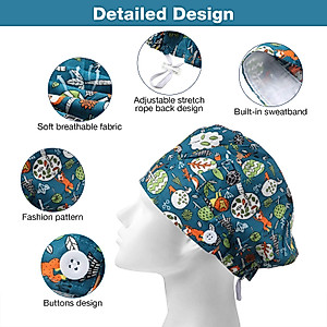 Syhood 6 Pieces Button Bouffant Hats Working Caps Adjustable Printed Sweatband Caps for Women Men Nursing Surgical Caps with Button (Unicorn Style) Multicoloured