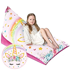 WERNNSAI Unicorn Stuffed Animal Storage - Double Sided Bean Bag Chairs Cover Only for Kids Girls Canvas Velvet Bean Bag Covers Toys Organizer Holder Unicorn Beanbag Seats (Stuffing Not Included)