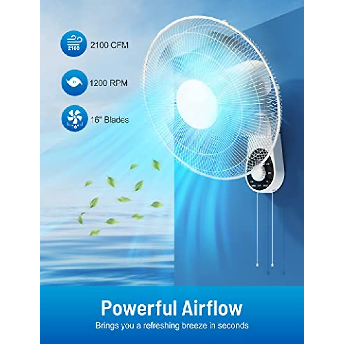 Mirdred Wall Mount Fans for Home Bedroom, 16 Inch 5 Blades 3 Speeds Wall Fans that Blow Cold Air, 90° Oscillating Quiet Cooling Fans for Indoors Kitchen Garage Office Sunshine Room