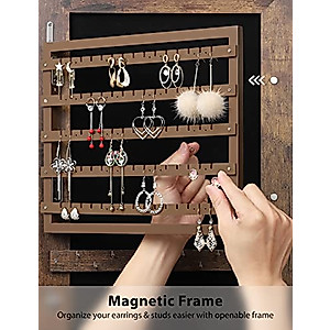 Nicetree 6 LEDs Mirror Jewelry Cabinet with 3 Improvements, 4.2" D Door/Wall Mounted Jewelry Armoire with Full Length Mirror, Larger Capacity, Rustic Brown