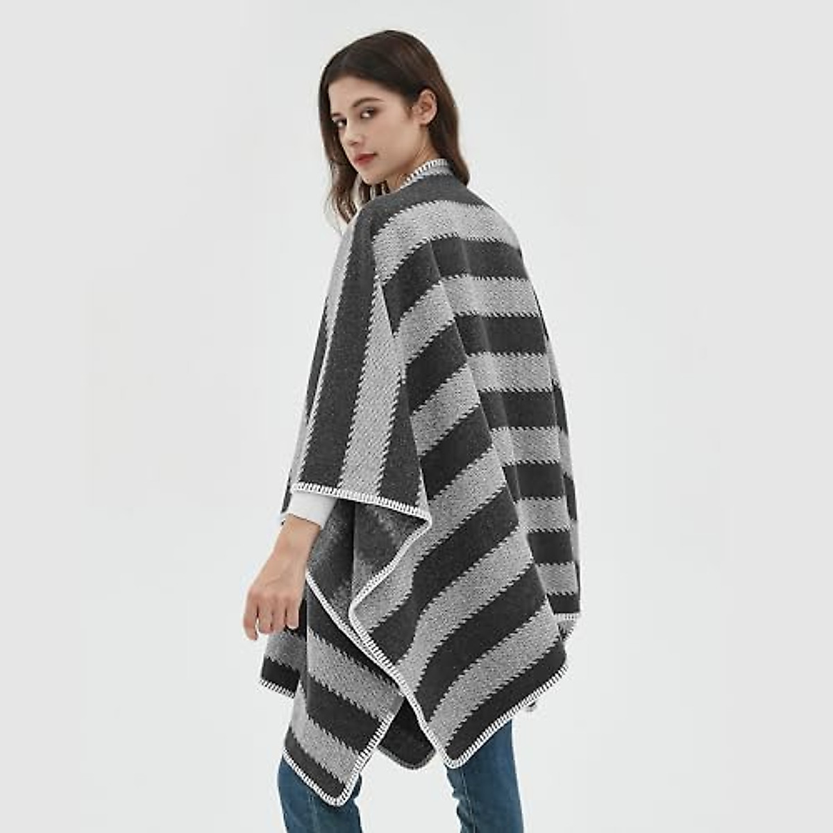 PuTian Merino Wool Shawl and Wrap Scarf for Women - Thick Warm Washable Wearable Blanket Heavyweight Pashmina Poncho Cape for Fall Winter Cold Weather, Stripe Gray