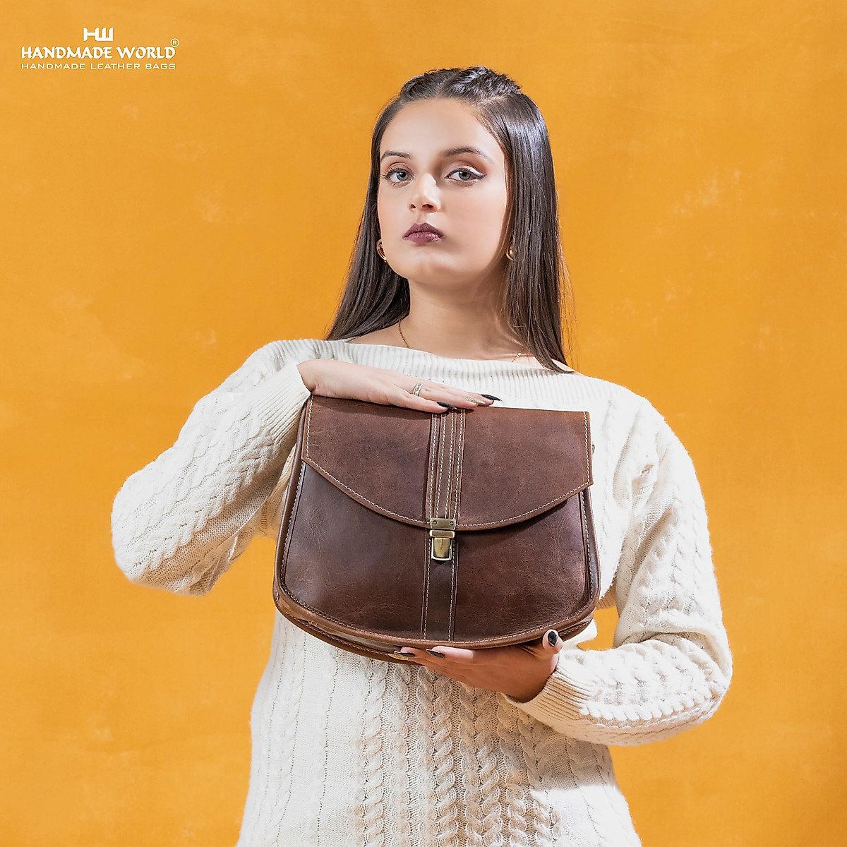 Handmade World Premium Leather Crossbody Satchel Bag For Women Handbag Travel Purse and Sling Saddle Bag (Brown)