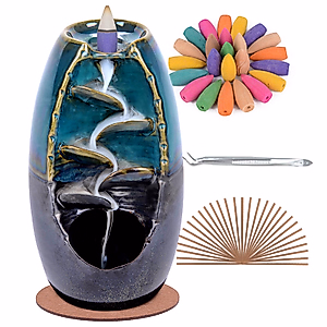 SPACEKEEPER Ceramic Backflow Incense Holder Incense Burner Waterfall, with 120 Backflow Incense Cones + 30 Incense Stick, Aromatherapy Ornament Home Decor, Blue Set