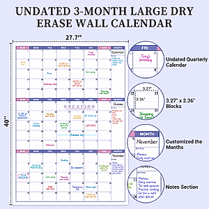 Large Dry Erase Calendar for Wall - 3 Month Vertical Wall Calendar, Blank Reusable Monthly Quarterly Calendar Planner Undated, 27.8" x 41" Whiteboard Calendar, Laminated Organizer for Home, Office