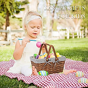 Woodchip Picnic Basket with Double Folding Handles, Natural Hand Woven Basket, Eggs Candy Basket for Easter, Kids Toy Storage Basket, Wedding Flower Girl Baskets for Valentine Day, Birthday, Grey