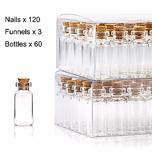 SUPERLELE 60pcs 2ml Small Mini Glass Bottles Jars with Cork Stoppers, 120pcs Eye Screws and 3pcs Small Funnels