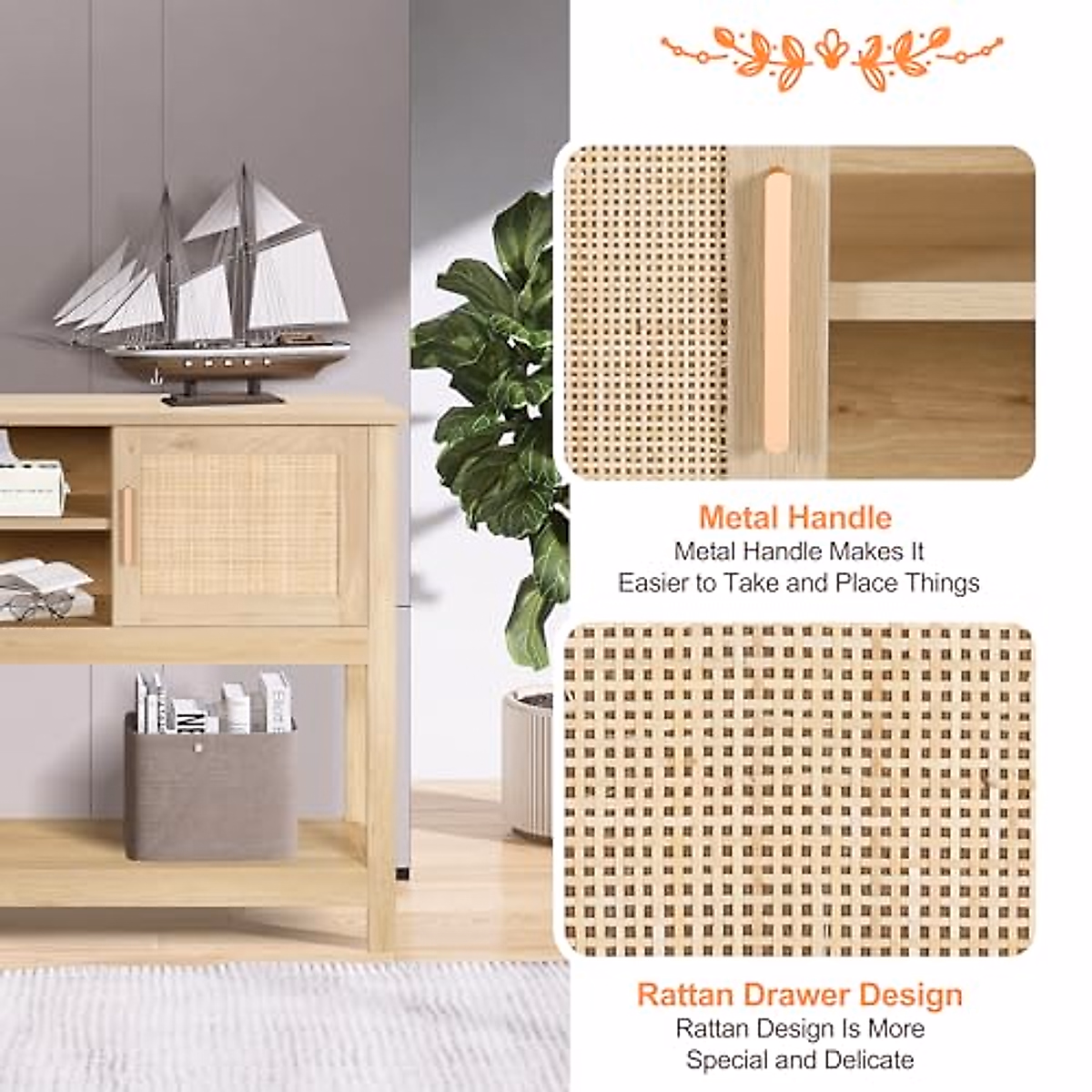 LAZZO Rattan Console Table 47" Narrow Entryway Table Sofa Table Behind Couch Table Coffee Bar with 2 Door Cabinets, 2 Drawers and Open Storage Shelf for Living Room, Foyer and Hallway Natural Wood