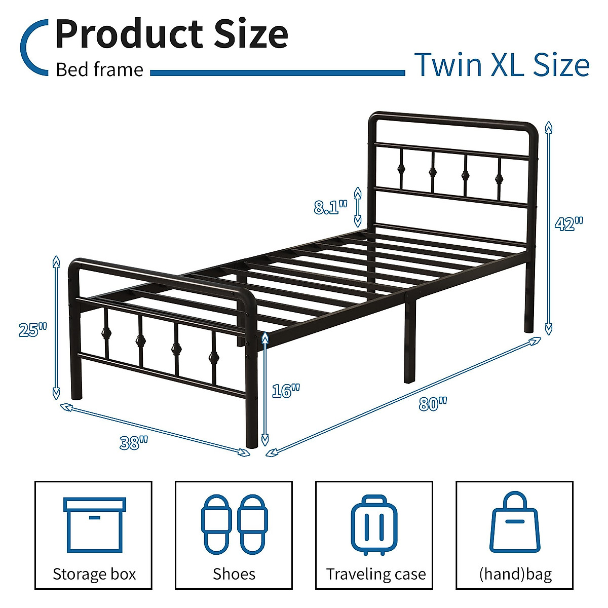DiaOutro 16 Inch Twin XL Bed Frame with Headboard and Footboard, Classic Metal Platform No Box Spring Needed Heavy Duty Victorian Style Iron-Art Mattress Foundation/Under Bed Storage