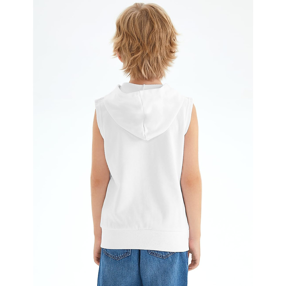 Spring&Gege Boys’ Full Zip Sleeveless Hooded Vest Basic Solid Zipper Tank Tops Hoodie with Pockets, White, Size 7-8 Years