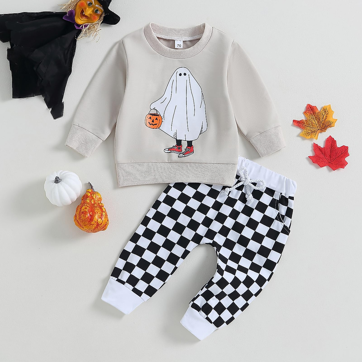 Lucikamy Toddler Baby Boy Halloween Outfit Long Sleeve Ghost/Pumpkin Sweatshirt Tops Elastic Pants 2PCS Fall Winter Clothes (Light Grey, 18-24 Months)