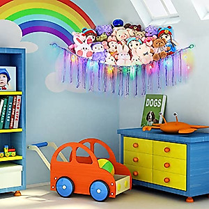 Stuffed Animal Net or Hammock with LED Light, Toy Hammock Hanging Stuffed Animal Storage Organizer Holder Room Décor with Tassels for Nursery Play Room Kids Bedroom (Purple)