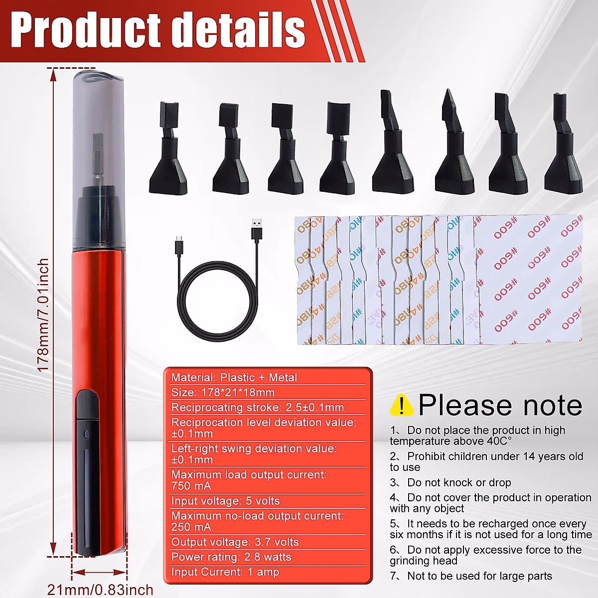 Reciprocating Sander, Mini Sanding Pen with 8pcs Sanding Head, Mini Pen Sander, USB Quick Charging Electric Sanding Pen, Small sander Pen Sander for Small Sanding, Polishing, DIY Crafts