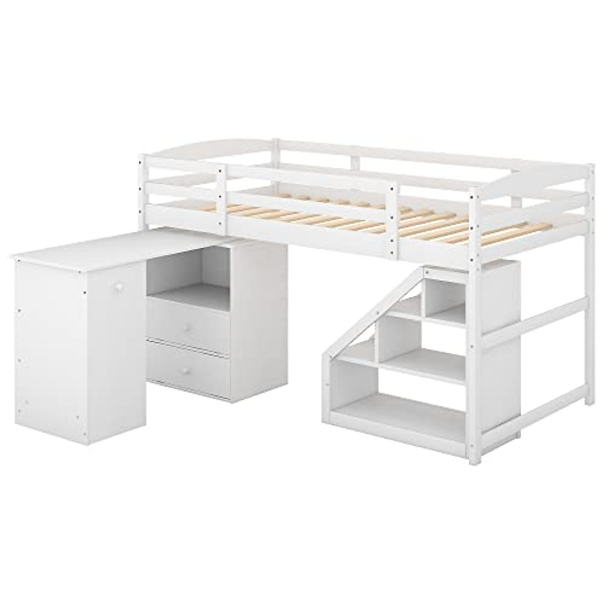 HYC Twin Loft Bed with Multifunctional Movable Built-in Desk, Wood Low Loft Bed with Stairs, for Kids Teens Girls Boys,White