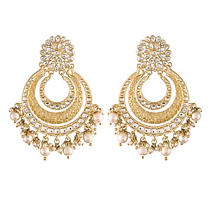 I Jewels 18K Gold Plated Indian Wedding Bollywood Matte Finish Kundan & Faux Pearl Bridal Chandbali Earrings with Maang Tikka Set for Women (TE2860FL)