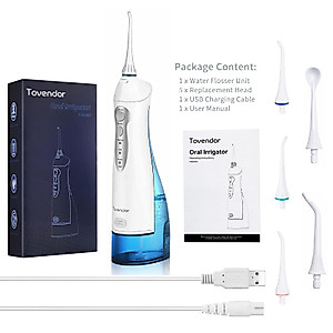 TOVENDOR Electric Water Flosser, Cordless Rechargeable Dental Oral Irrigator IPX7 Waterproof 300ML Travel Water Teeth Cleaner with 5 Tips for Braces Care Teeth Gums Cleaning, Home Office Daily Use