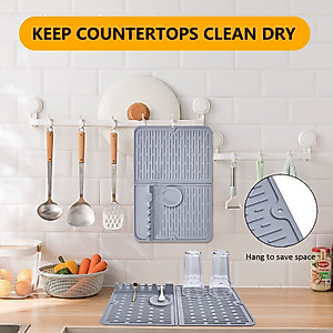 VENMATE Silicone Dish Drying Mats for Kitchen Counter, Heat Resistant Mat, Spoon Rest, Utensil Rest spatula holder with Drip Mat, Sink Mat with Cooking Spoon Holder(Grey(19" x 14"))